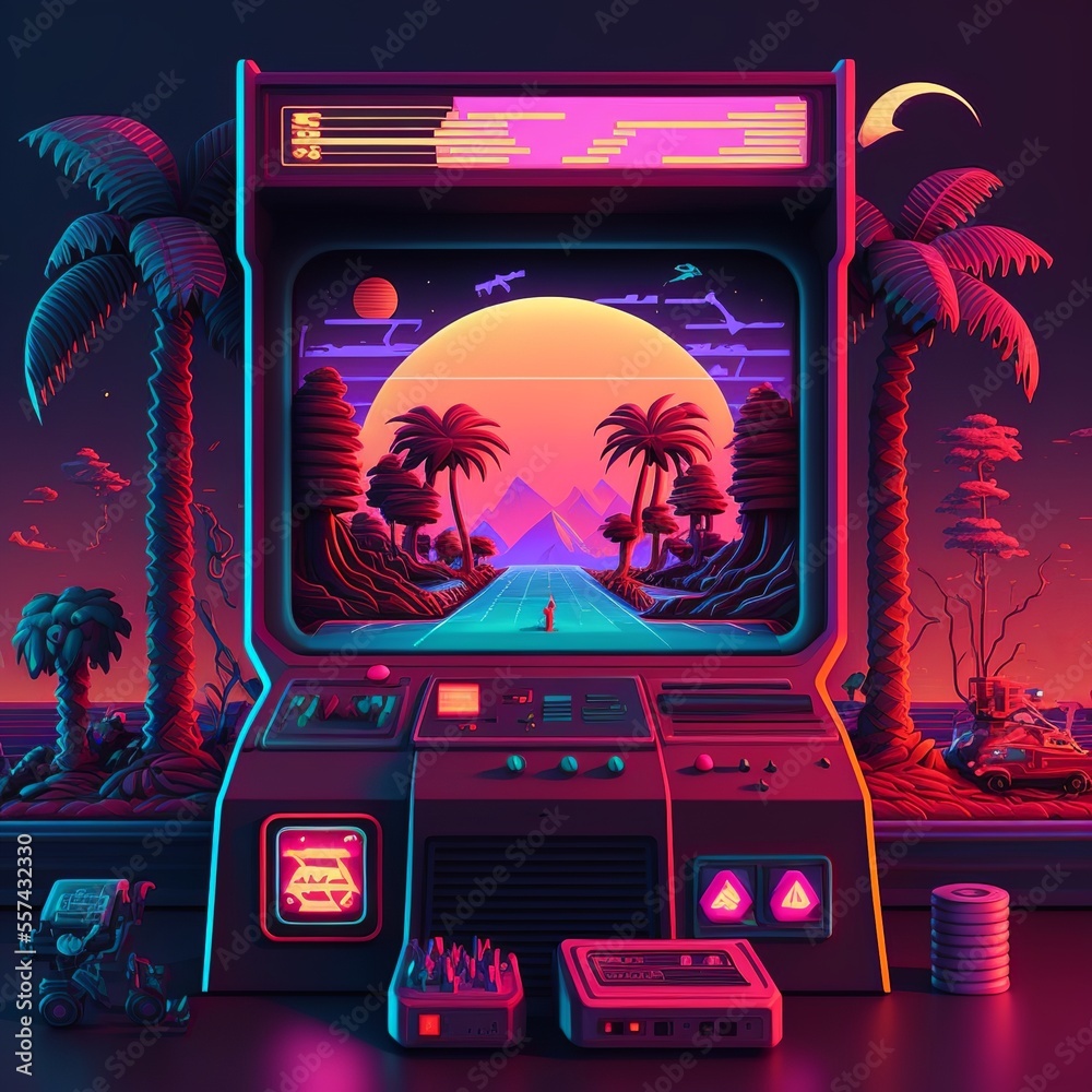 Arcade machine with screen and landscape on pixel art background. AI ...