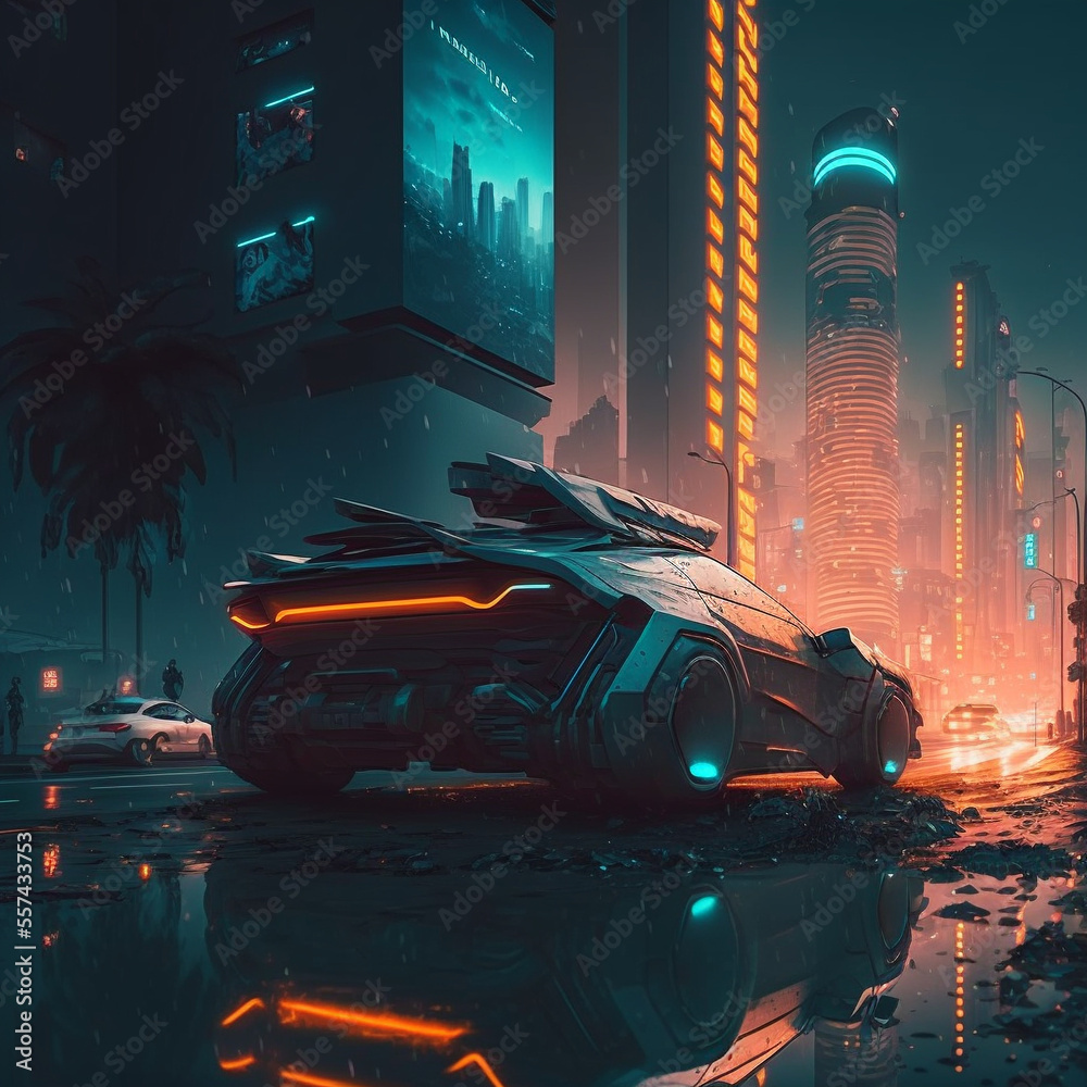 Ilustração ai generated art of a car drive in the cyberpunk city, scifi ...