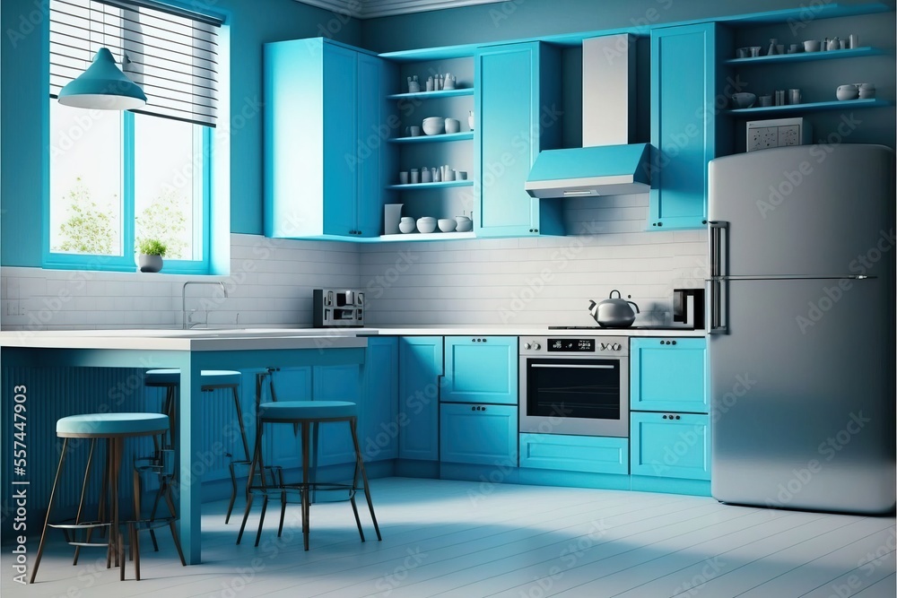 4K resolution or higher, Modern blue kitchen interior with furniture ...