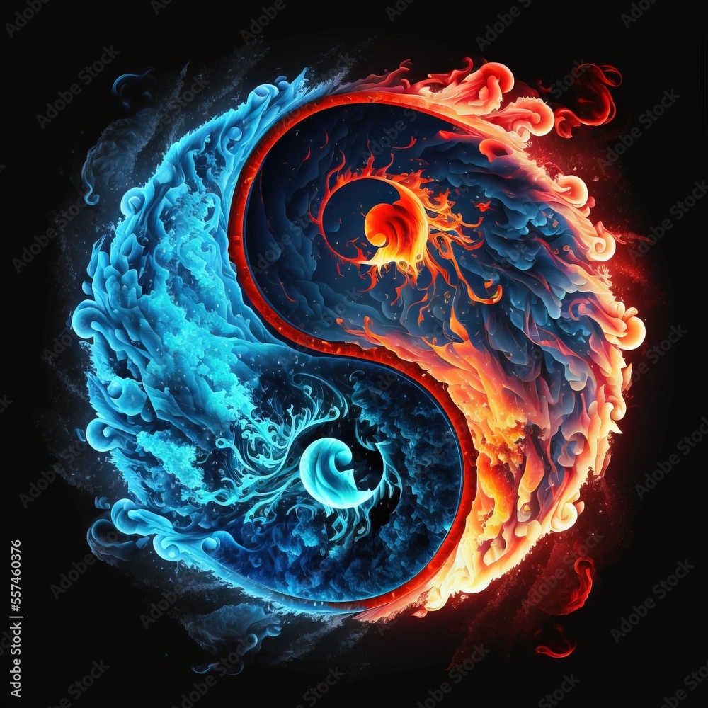 a painting of a fire and water yin - yang symbol on a black background ...