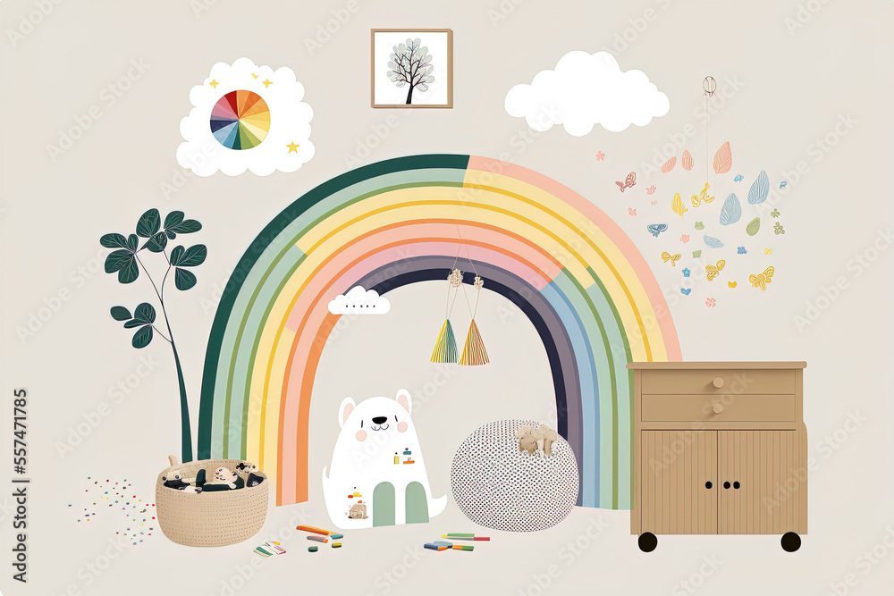 Rainbow Playroom Print In A Scandinavian Boho Nursery With Gender ...
