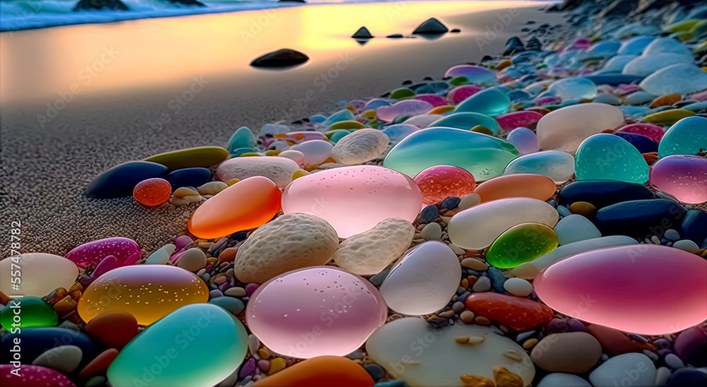 Colorful gemstones on a beach. Polish textured sea glass and stones on ...