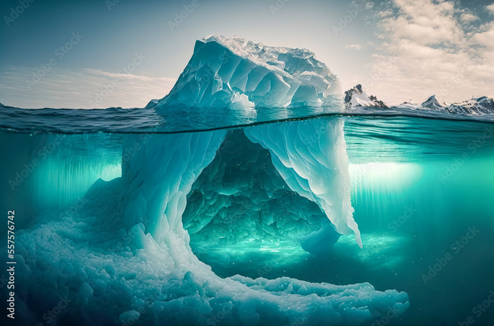 Iceberg With Above And Underwater View In The Ocean Affected By