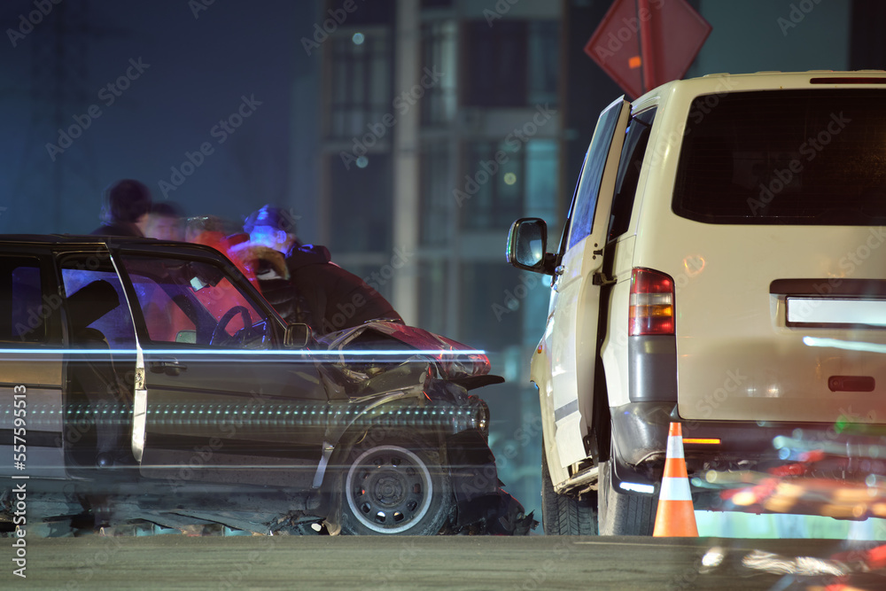 Damaged in heavy car accident vehicles after collision on city street ...