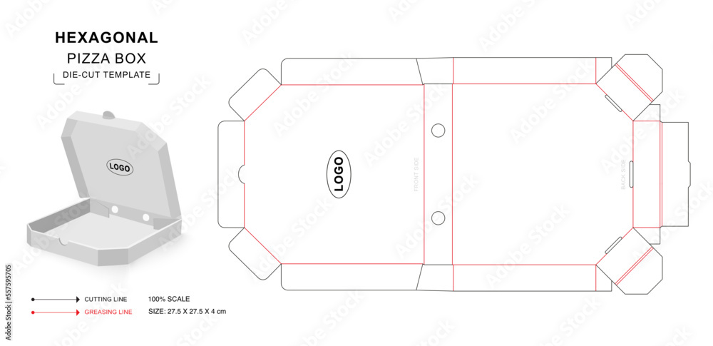 Hexagonal pizza box die cut template with 3D blank vector mockup for ...