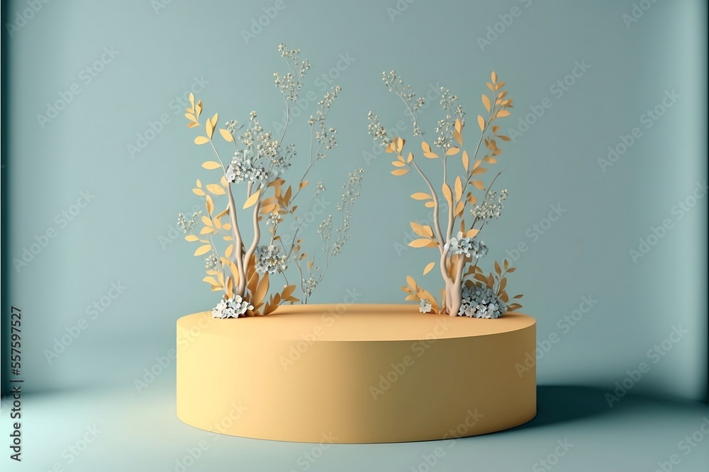 product showcase yellow round pedestal display podium stage, flower ...
