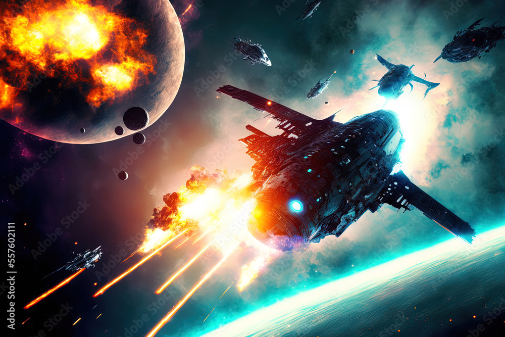 Space combat between battle cruisers and spacecraft with laser fire ...