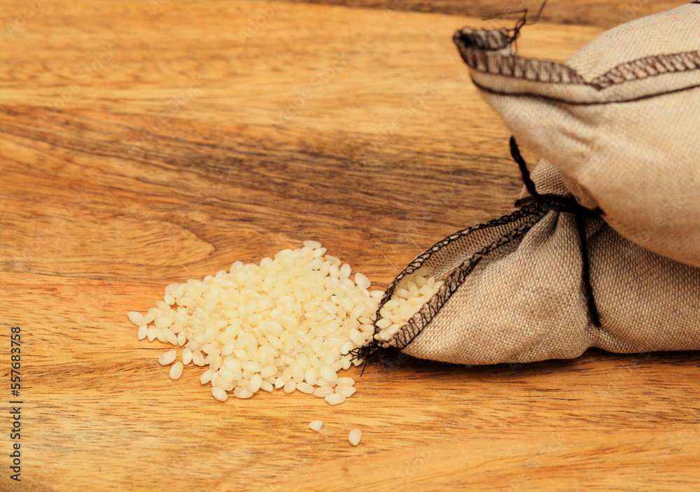 Round white rice from Valencia, called bomba rice, considered to be the ...