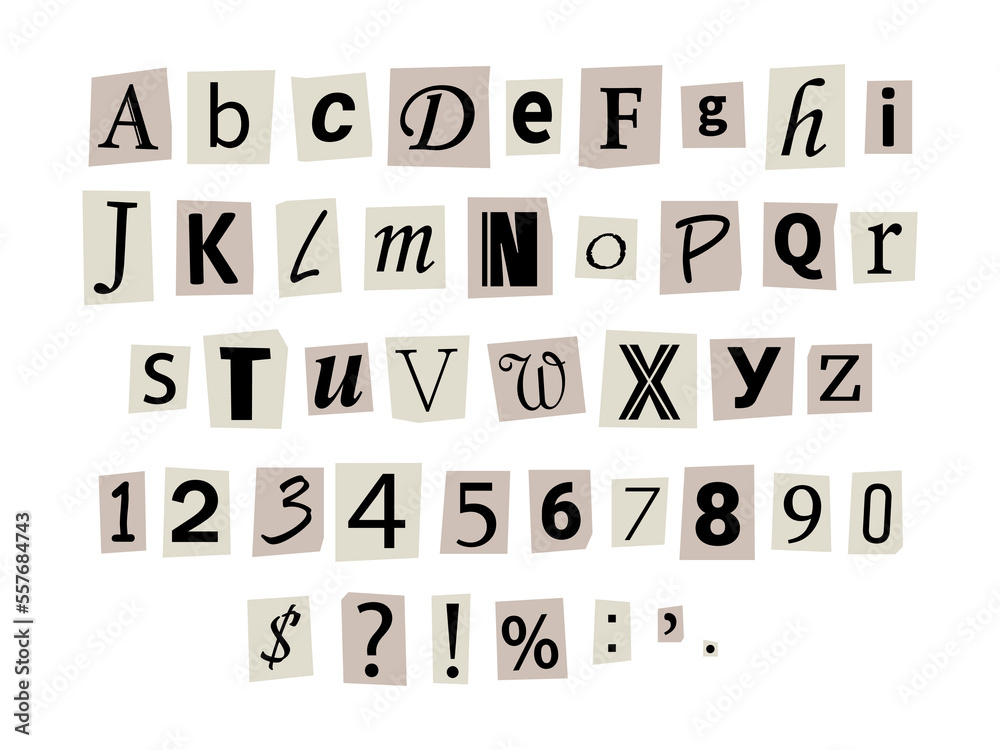 Vector ransom font. Letters, numbers and punctuation marks cut-outs ...