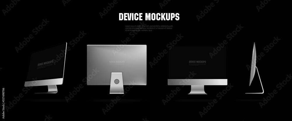 Realistic personal computer from different angles on black background ...