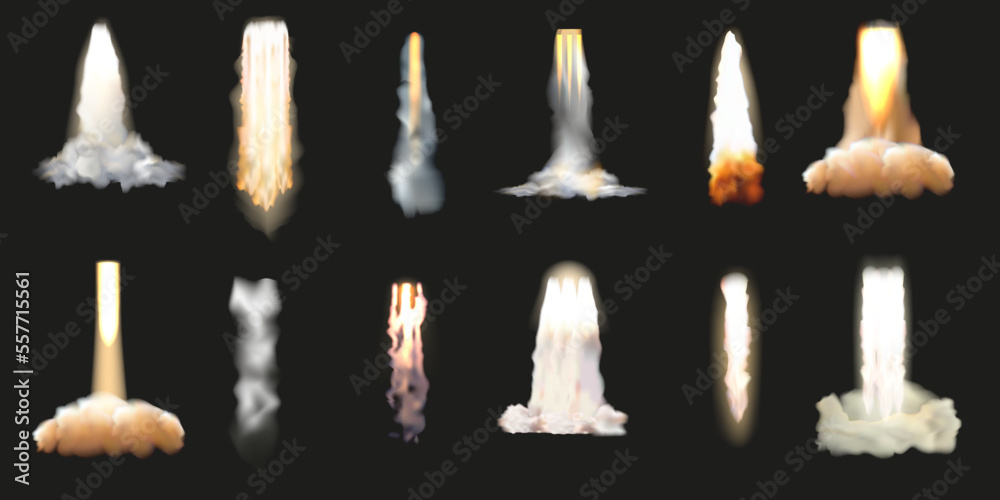 Rocket launch. Smoke jet with flame. Spacecraft start. Fire and fume ...