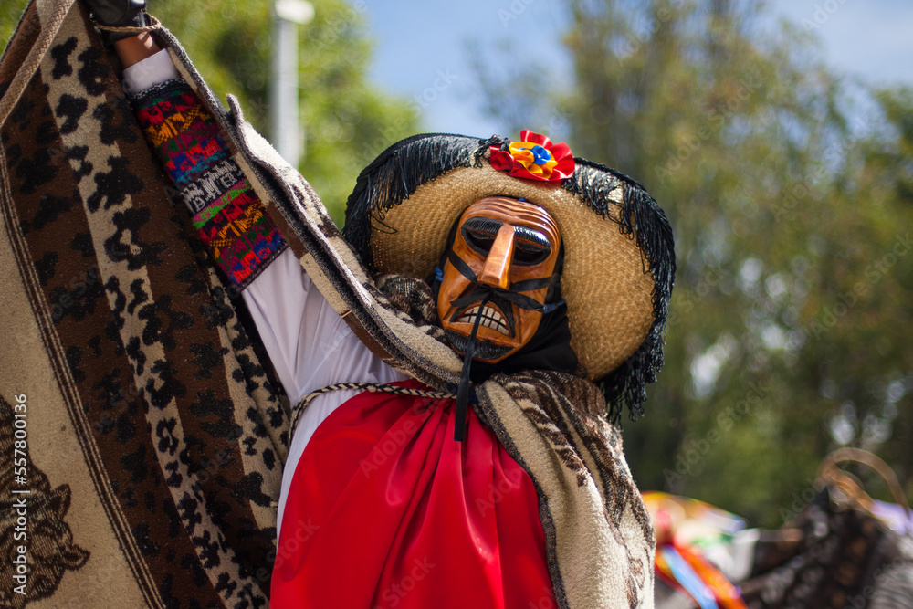 Folkloric dancers dancing the "Huaconada", a typical dance of central ...