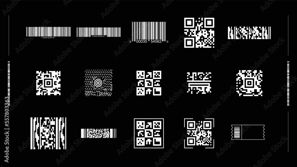 White Barcodes collection in black background. Code information, QR, store scan codes. Types of ...