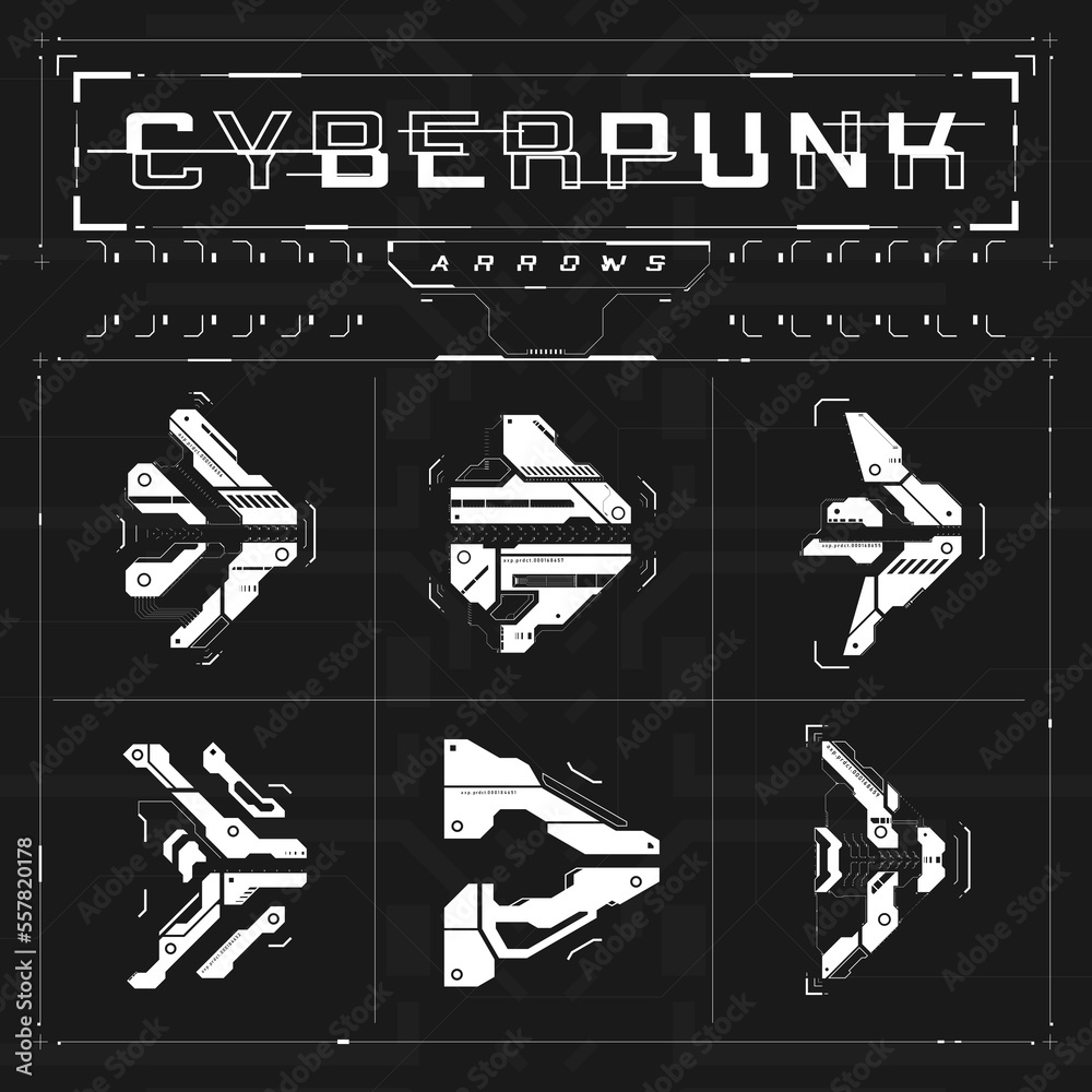 Set of cyberpunk arrows. Kit of futuristic interface cyber elements ...