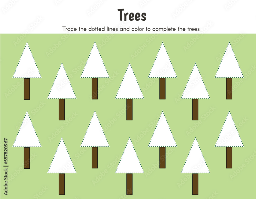 Draw trees, trace the dotted lines, and color the trees. Practice ...