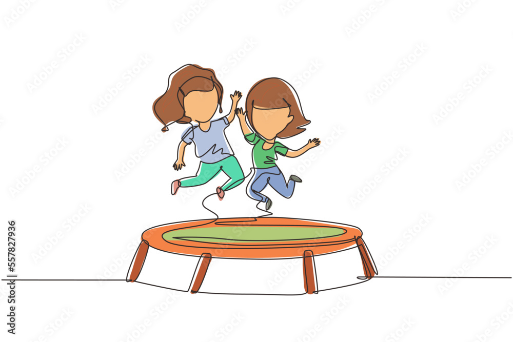 Single continuous line drawing two little girl jumping on trampoline ...
