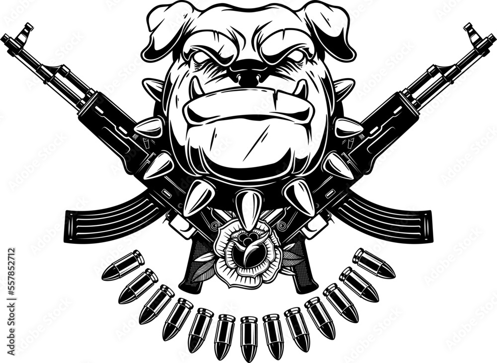 Angry dog head with crossed assault rifles. Design element for poster ...