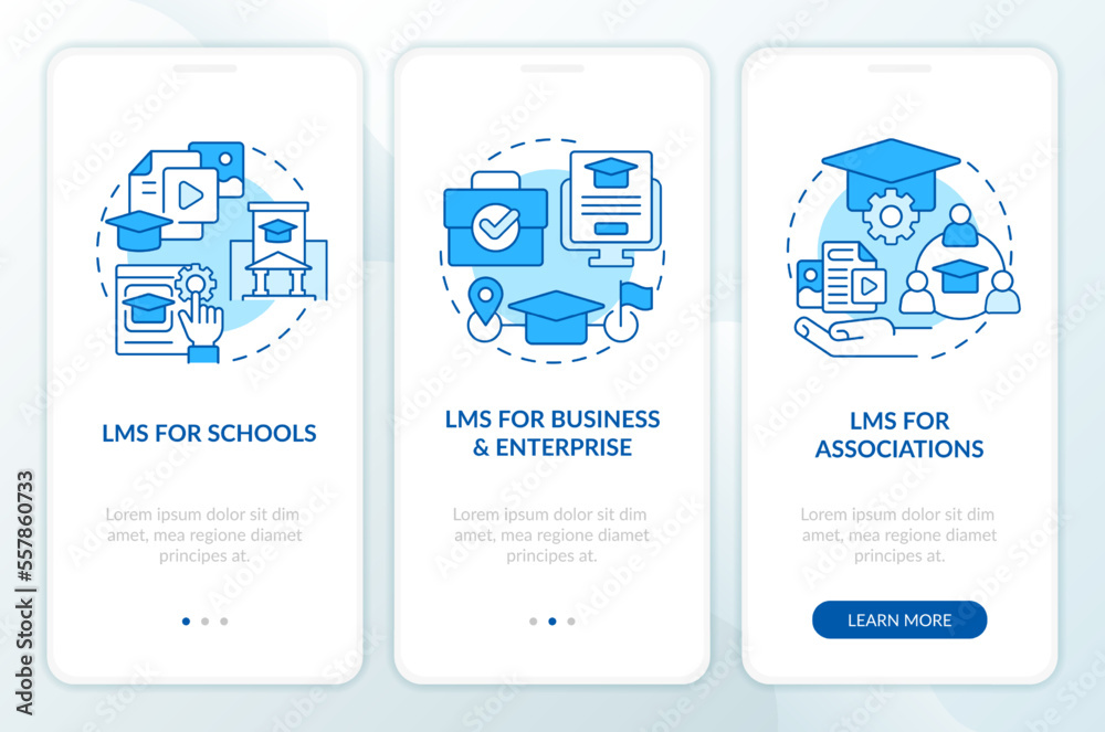 Vector de Stock Learning management system deploy blue onboarding mobile app screen. Walkthrough ...