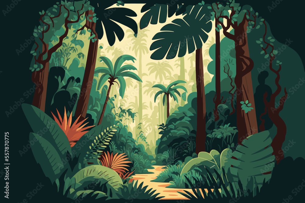 Vector de Stock Jungle background Vector flat color cartoon illustration. Bright jungle in the ...