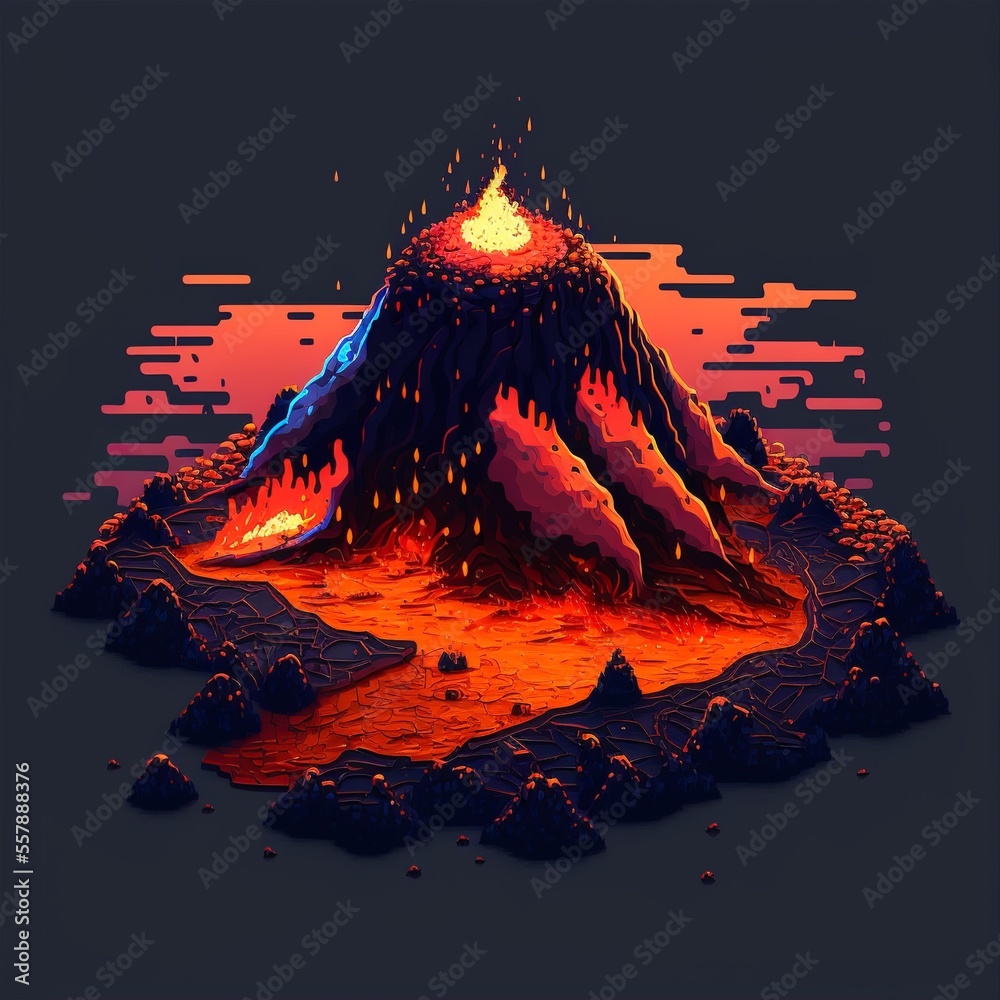 2d scene with erupting volcano landscape pixel art style. Generative AI ...