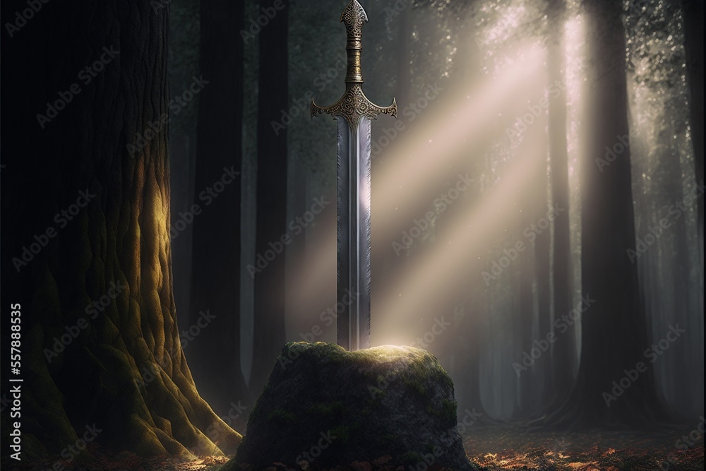 Sword Excalibur stuck in the stone in the middle of the forest. Digital ...