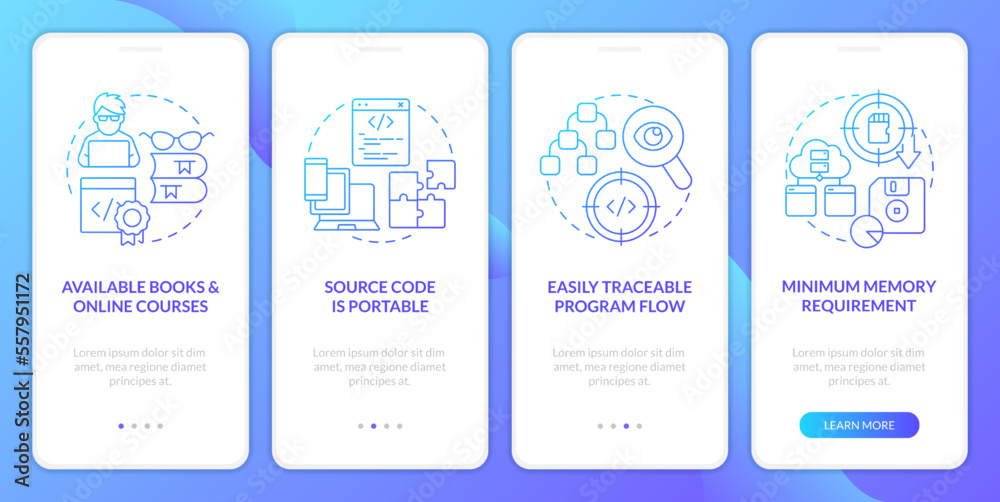 Procedural Programming Pros Blue Gradient Onboarding Mobile App Screen Walkthrough 4 Steps