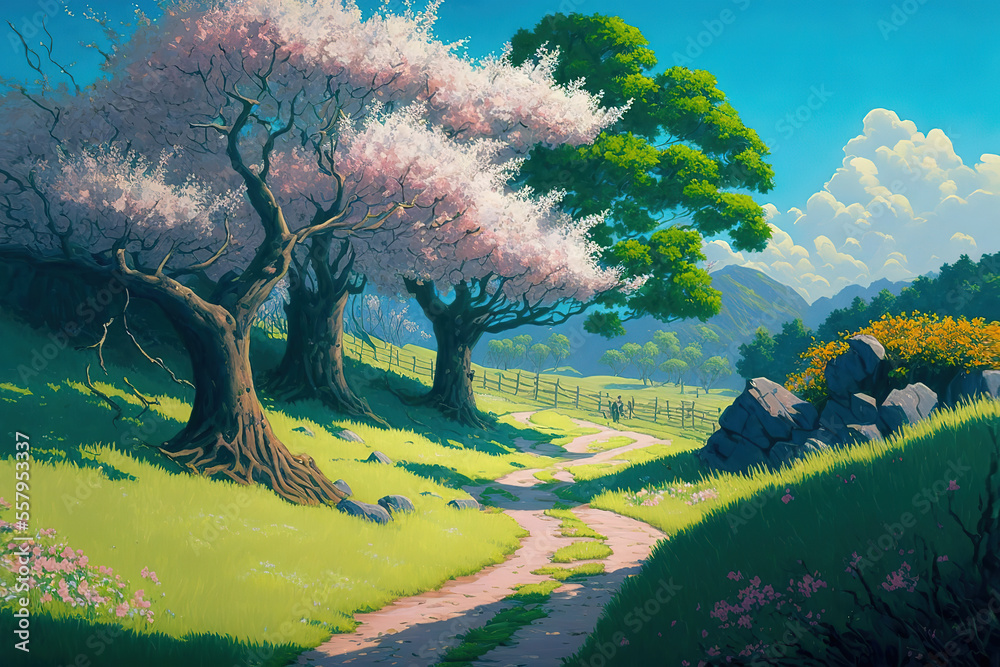 beautiful spring landscape, anime landscape, cartoon nature art ...