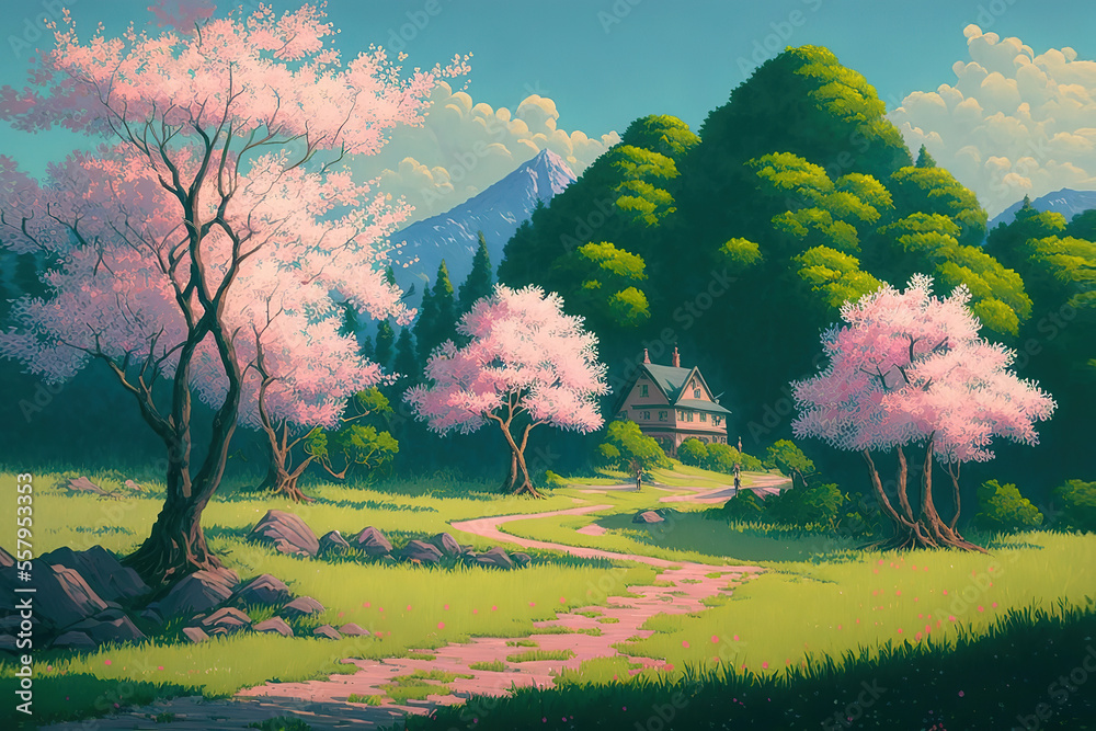 beautiful spring landscape, anime landscape, cartoon nature art ...