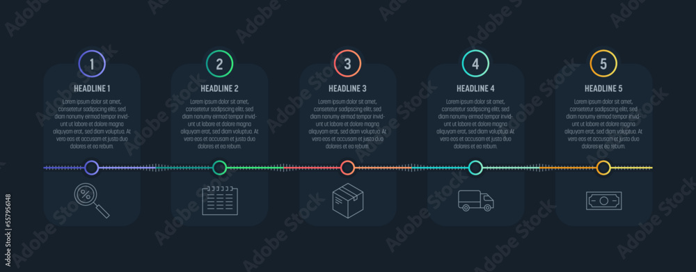 Dark process Infographics with five steps timeline and colorful ...