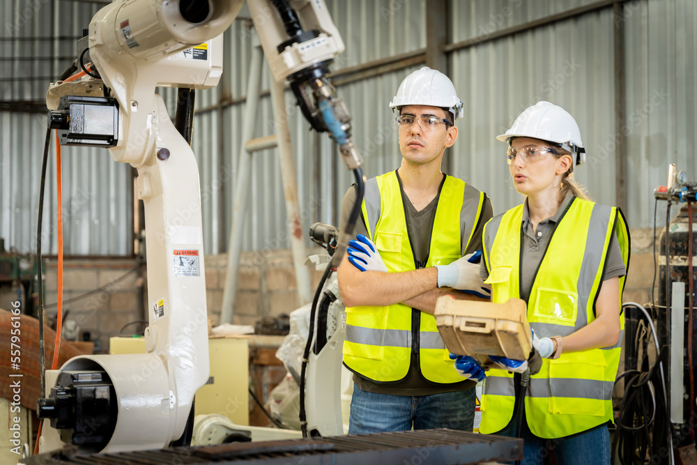 A team of male and female engineers meeting to inspect computer ...