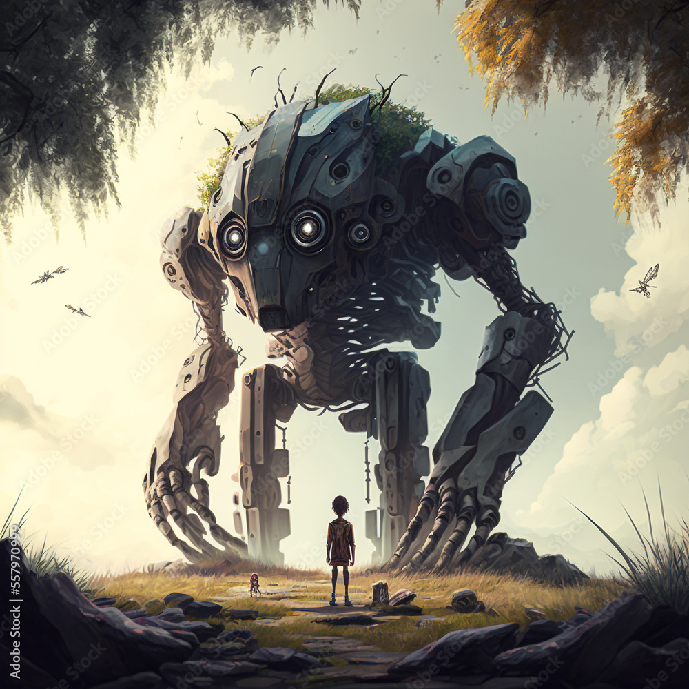 A small boy standing infront of a giant sci-fi robot. Science Fiction ...