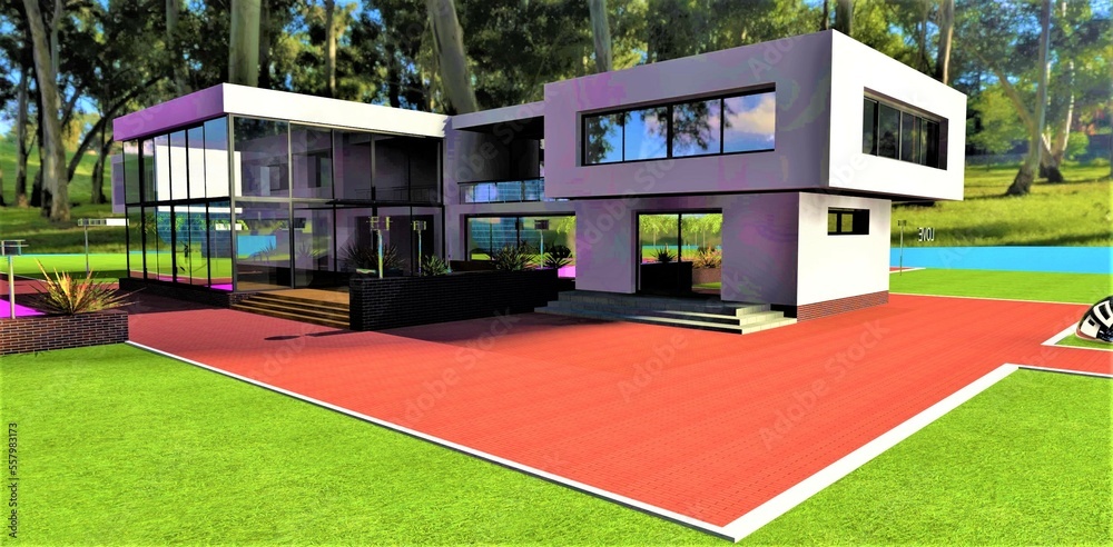 Luxury country estate with a white facade in a wild tropical forest ...