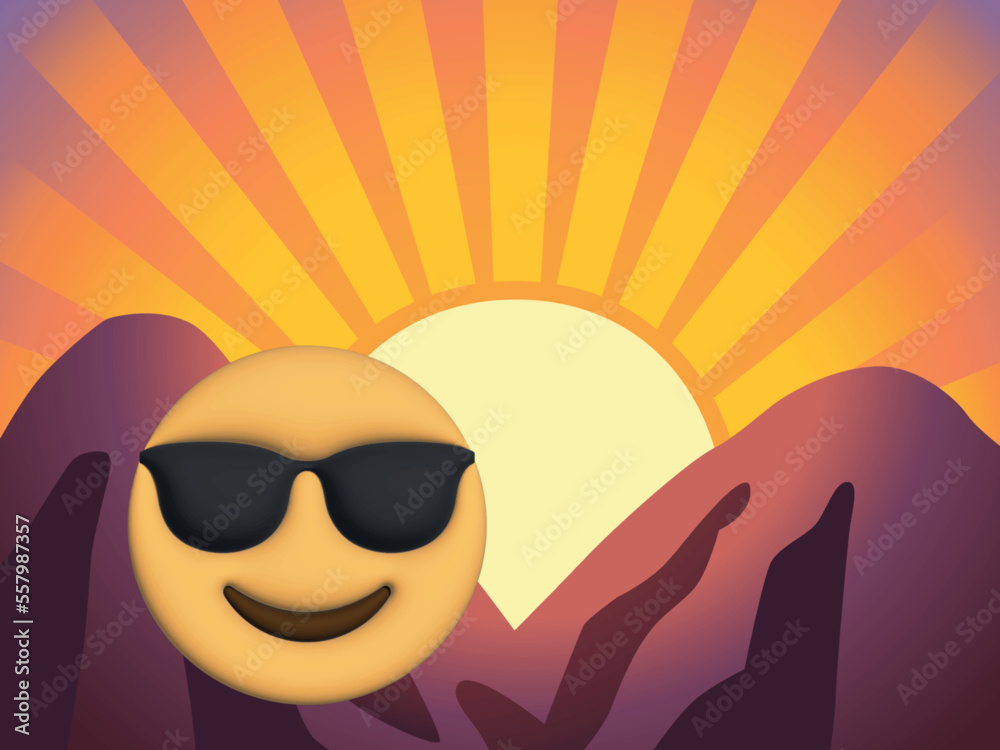 smiling face with sunglasses over mountain sunrise landscape,hiking ...