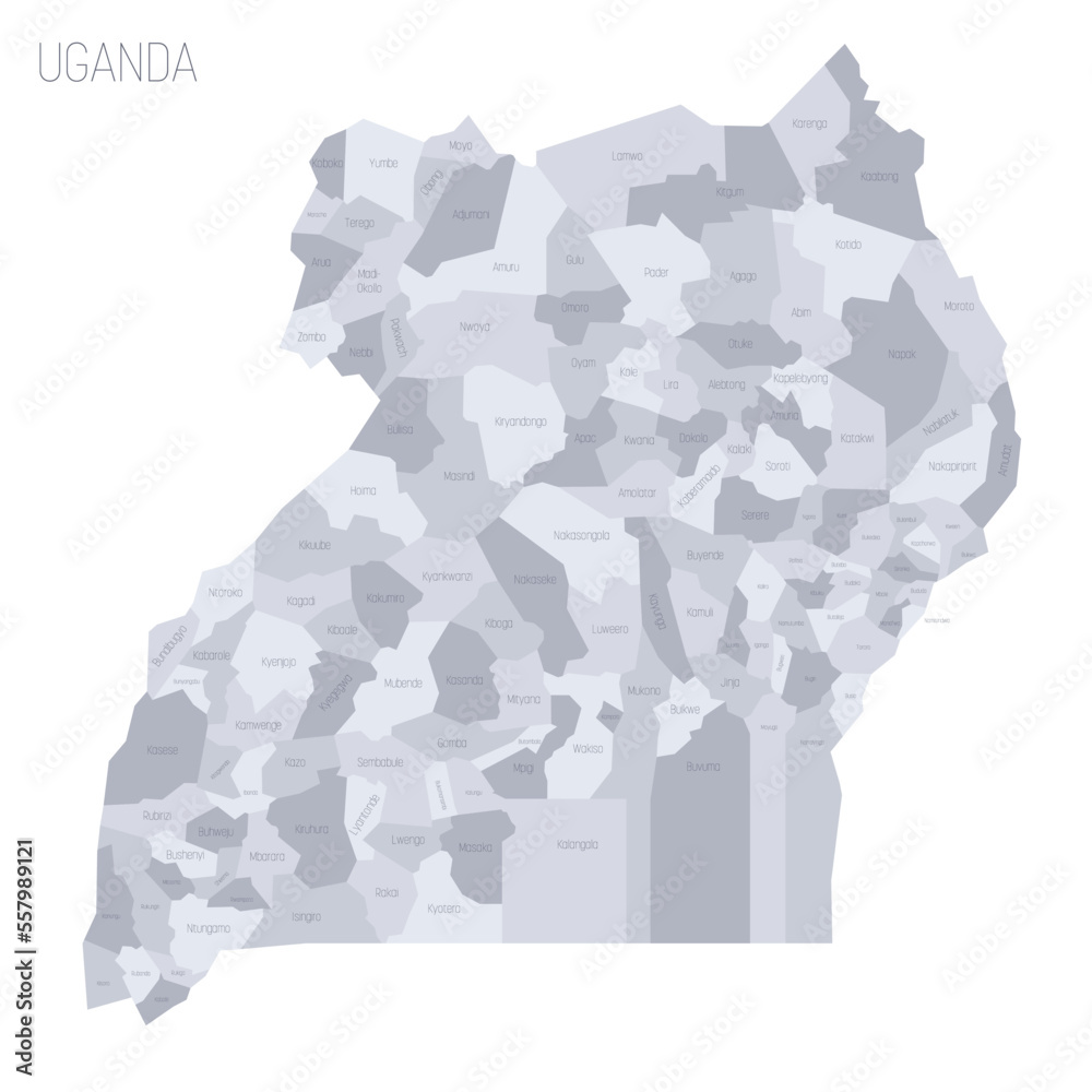 Uganda political map of administrative divisions - districts. Grey ...