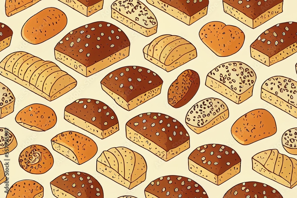 Bread shop seamless design created by hand. Doodles of many types of ...