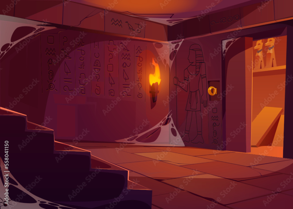 Ancient Egyptian pyramid treasury interior with open door. Cartoon ...