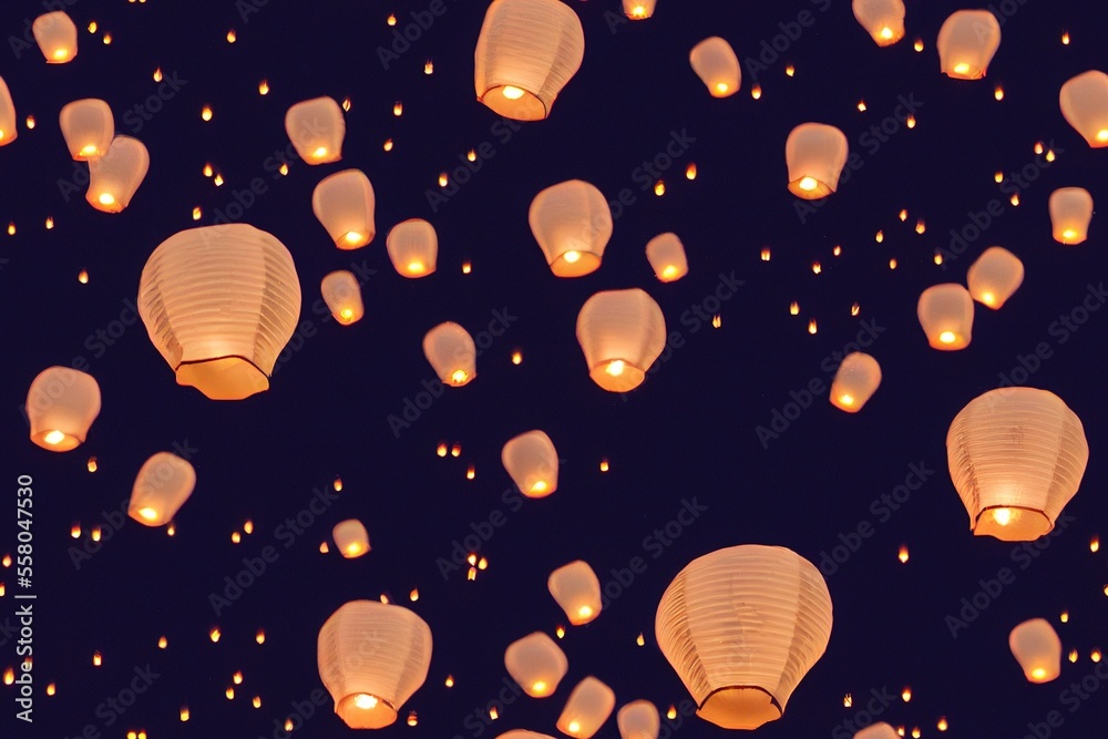 Sky Lanterns Candle Lit Floating into the Night Sky Seamless Texture ...