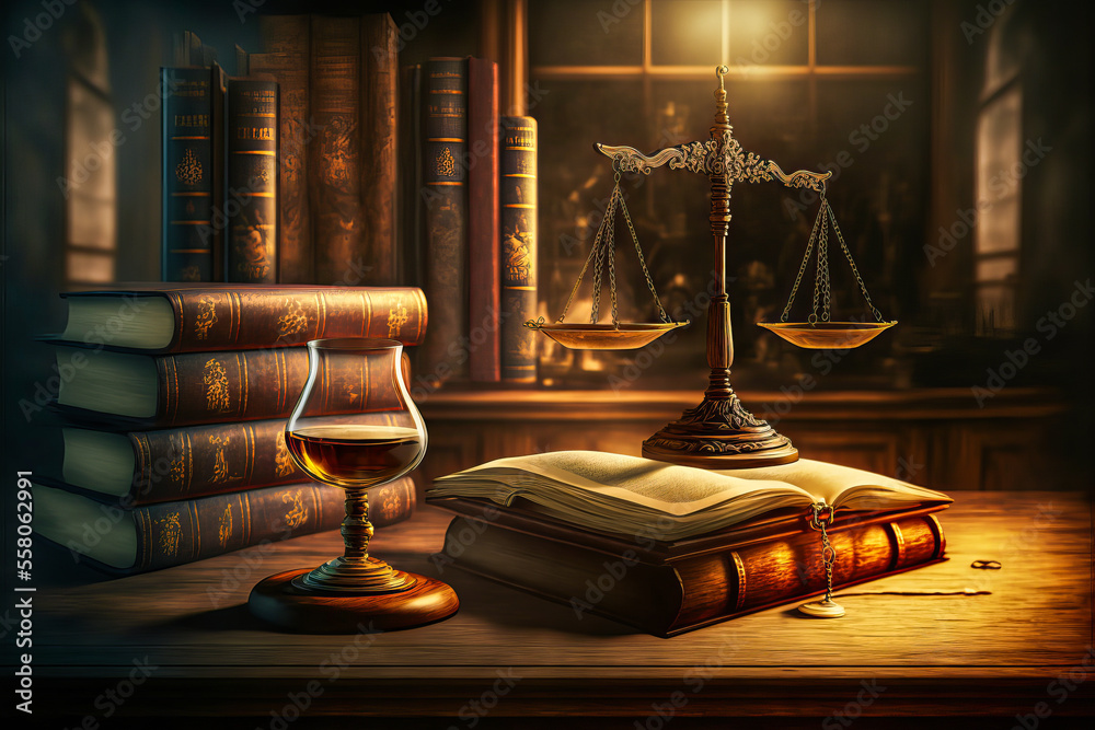 Symbolic scales of justice placed on a special desk, surrounded by ...