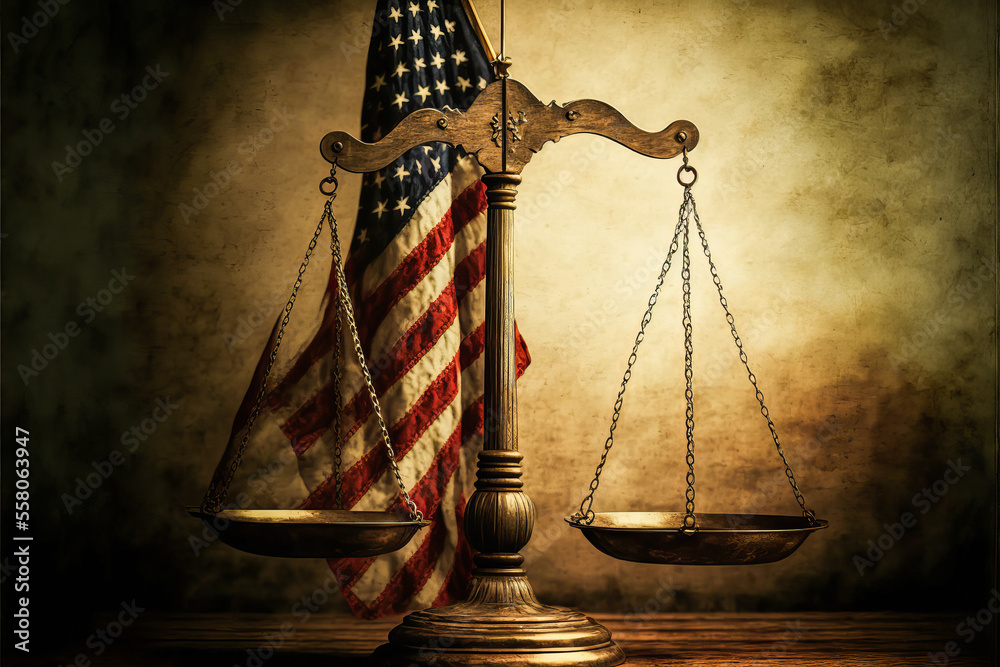 Judicial fairness symbolized by a scale of justice, an American flag ...