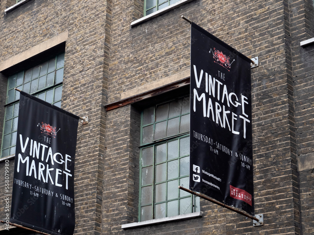 LONDON, UK - SEPTEMBER 09, 2018: Signs for the Vintage Market (also ...