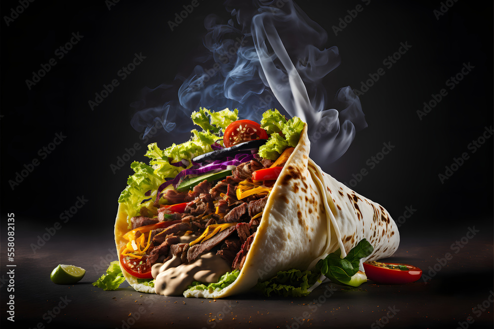 kebab wrap, product studio photo, dark black background, fresh salad ...
