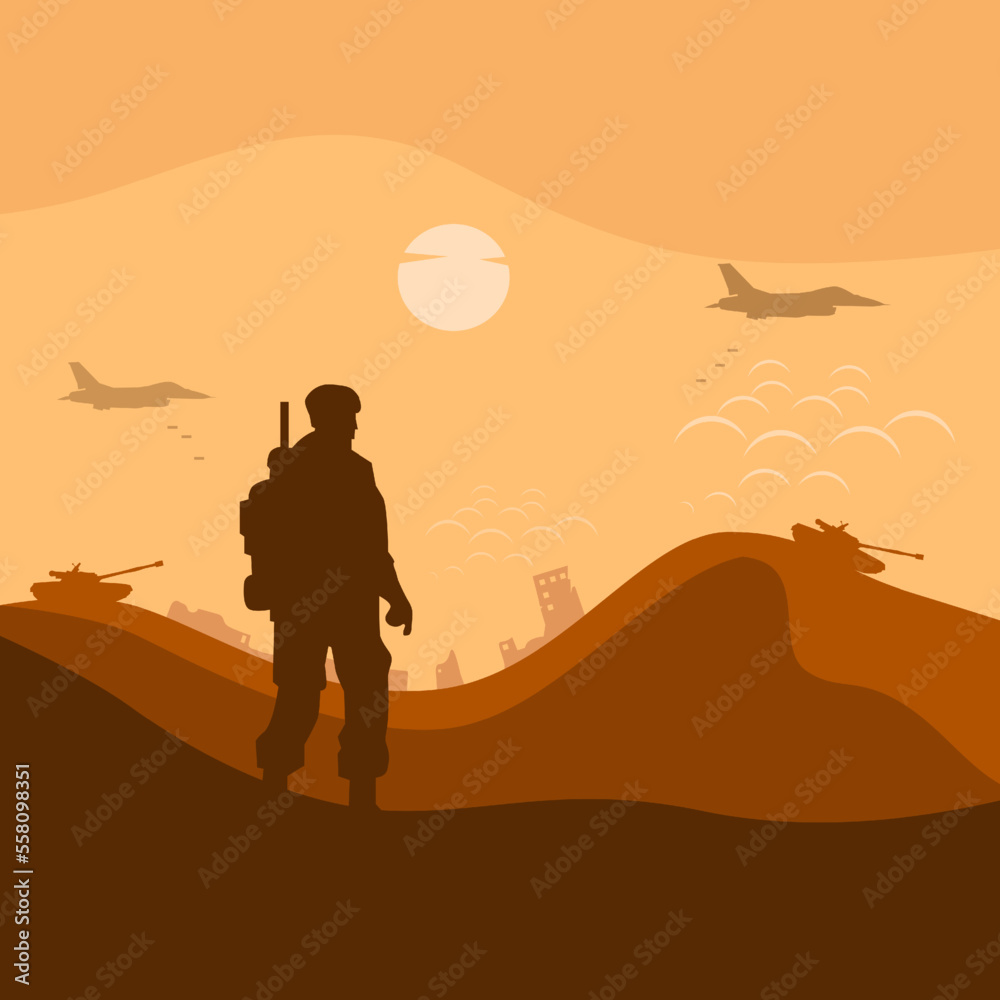 Desert war illustration, army background, soldier silhouette, Artillery ...