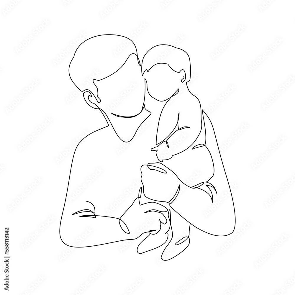 Father little kid line drawing. Abstract family continuous line art ...