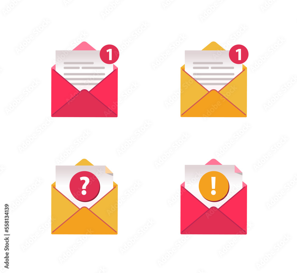 New Message icons set. Open mail paper envelope, exclamation and ...