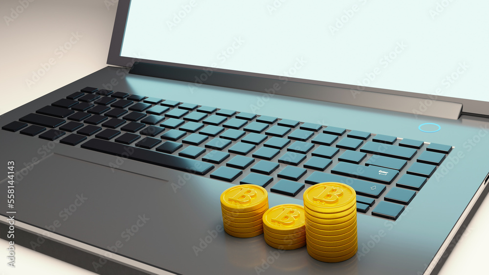 Receiving income using modern laptop. 3d realistic laptop with gold ...