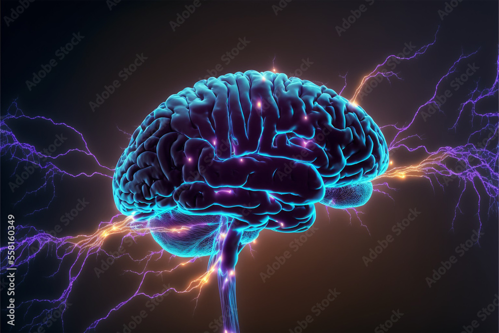 human brain model, glowing brain background with neural links network ...
