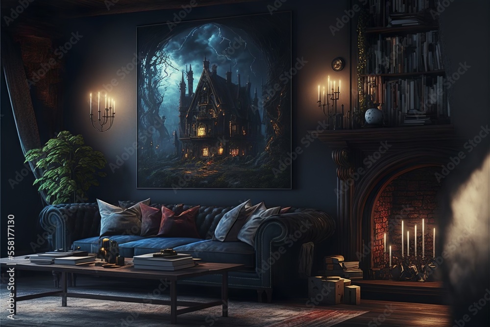 Dark fantasy style dungeon living room old mansion interior with wooden ...