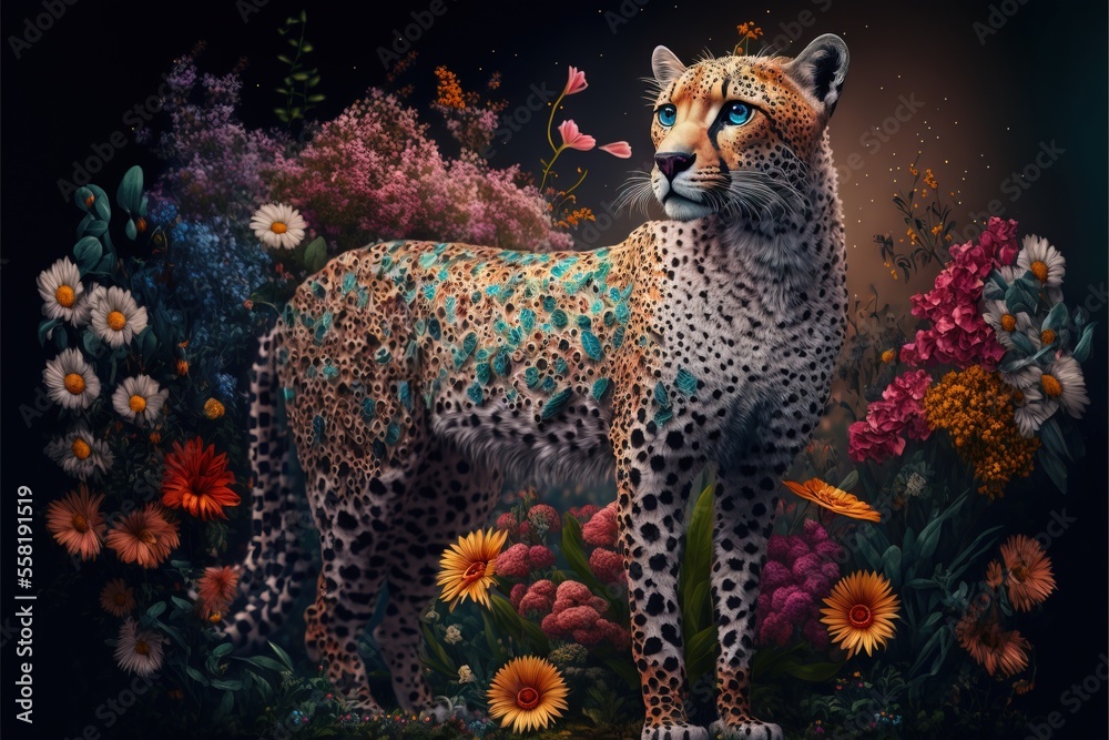 a cheetah standing in a field of vibrant flowers against a dark ...