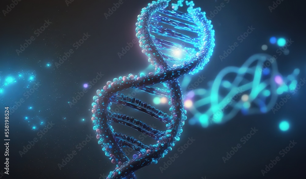 DNA Molecule Spiral Chromosome Chain at blue Digital Background ...