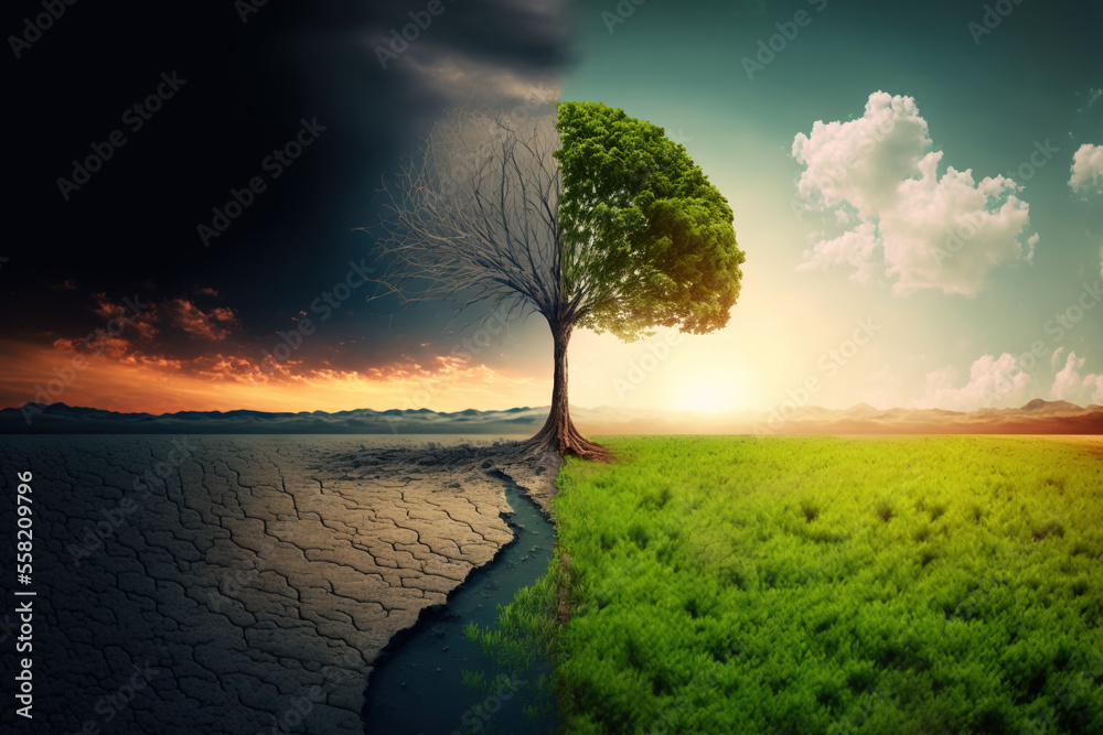Split view of landscape half green and lush and half bare and dried, Generative AI illustration ...